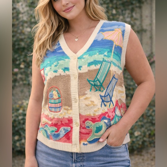 Koret | Sweaters | Koret Francisca Beach Scene Knit Vest Size S Coastal ...